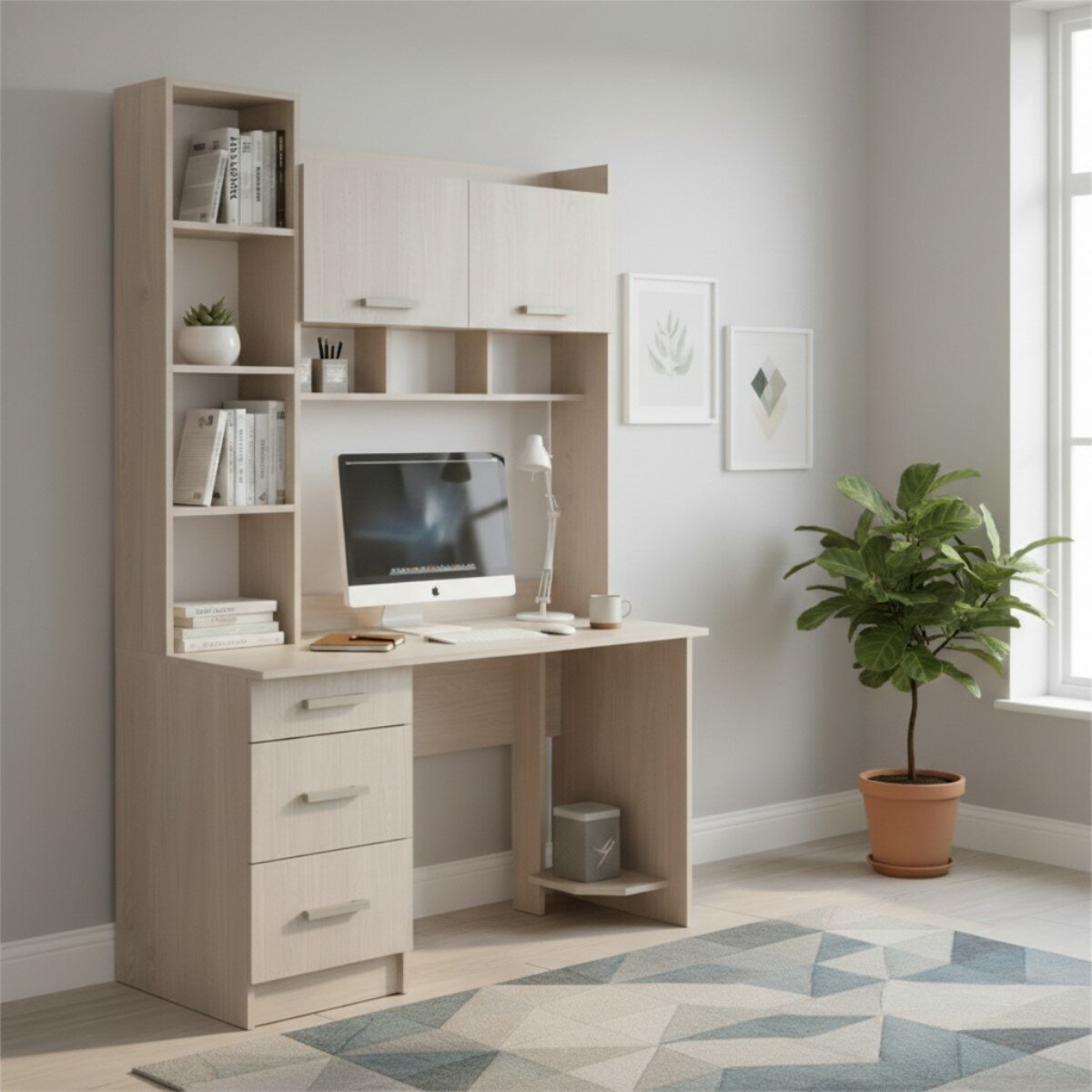 Стол компьютерный письменный Памир ПКС-5 с пеналом, полкой надстройкой и выдвижными ящиками, Ясень анкор светлый