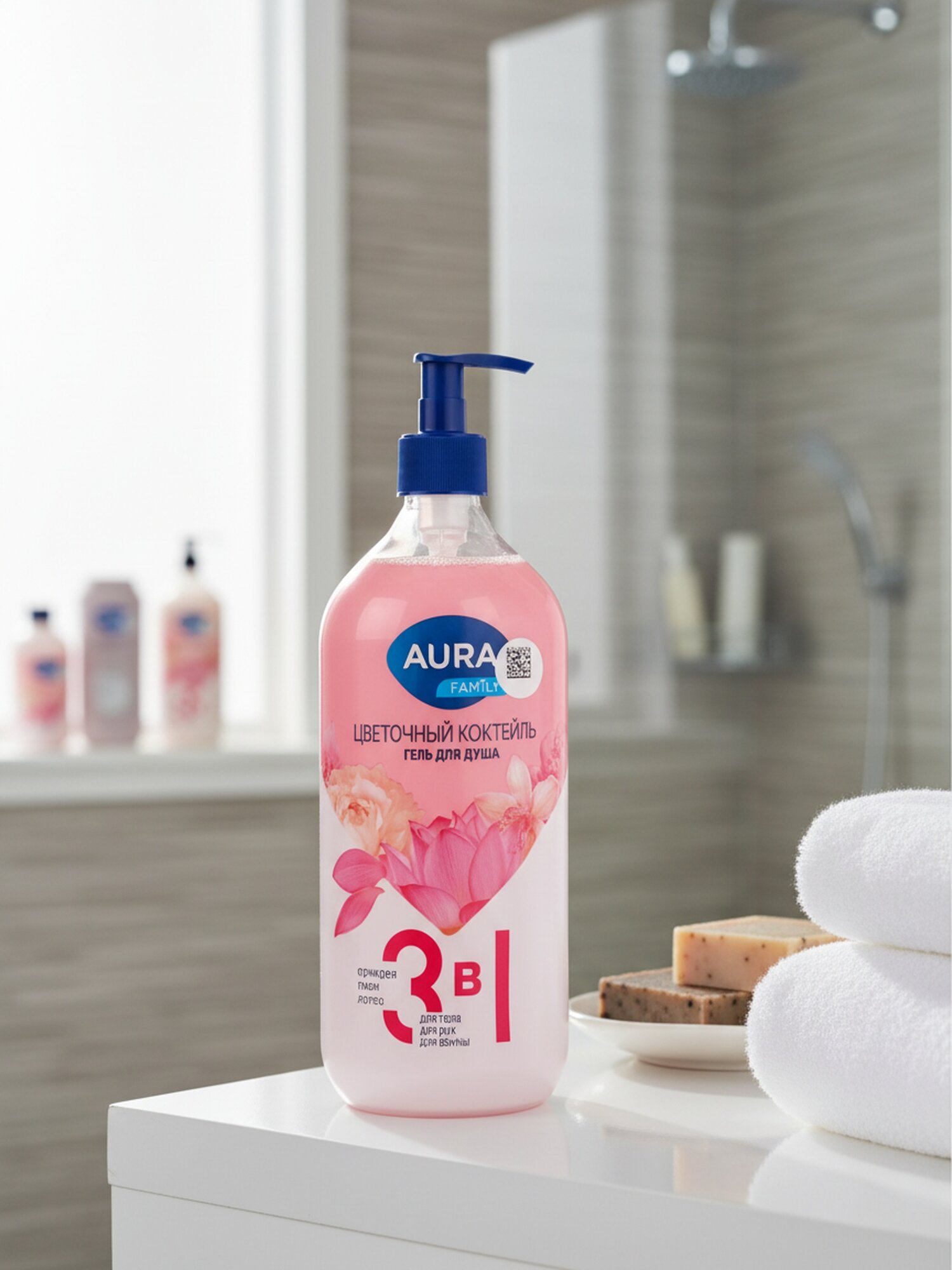 Гель для душа Aura Family Цветочный коктейль 1 л, парфюмированное средство для ванны и кожи, большой объем 1000 мл