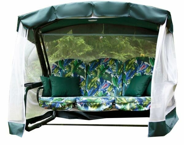 Качели садовые 3-х местные Мебельторг Мастак Премиум Каркас зеленый/Зеленый рис. листья
