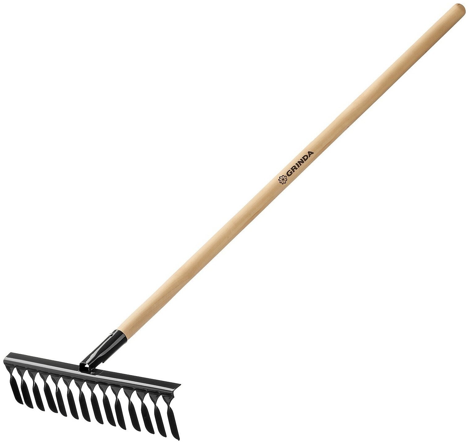 GRINDA GS-14 WOOD, 14 витых зубцов, размеры 445х95х1300 мм, углеродистая сталь, антикор. покрыт, черенок дерев. высш. сорт, садовые грабли(39581-14)