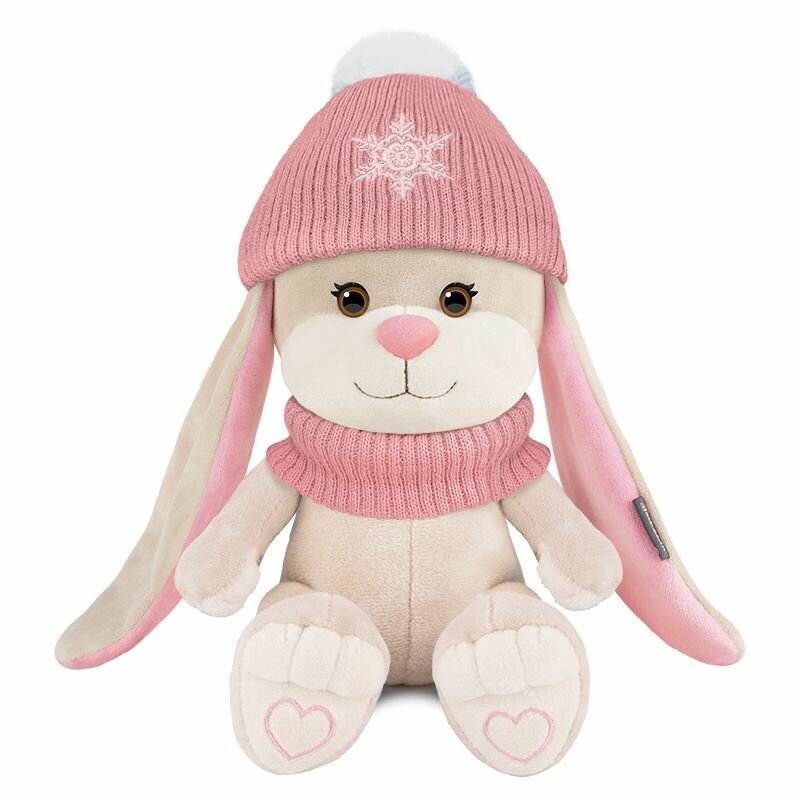 Игрушка мягкая Jack&Lin Зайка в розовом шарфе и шапочке со снежинкой в коробке 20см