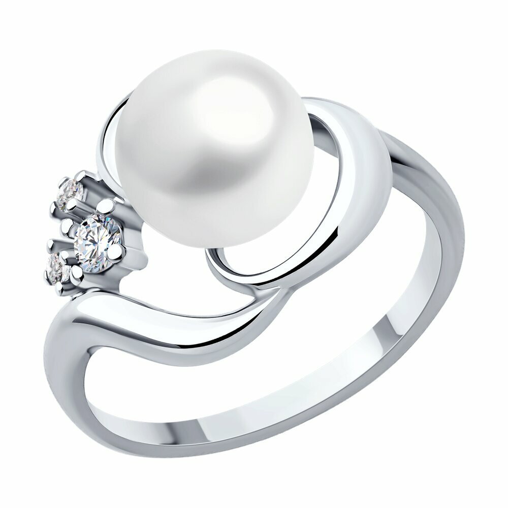 Кольцо, серебро, 925 проба, родирование, фианит, жемчуг пресноводный культивированный