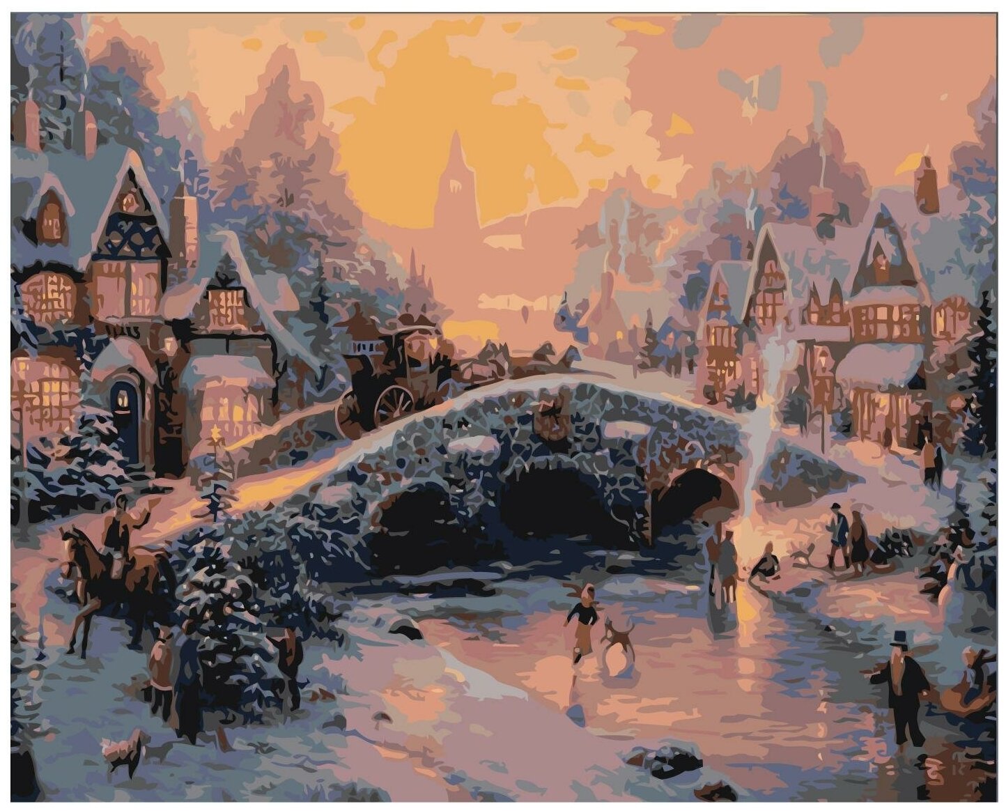 Зимний городской пейзаж с мостом Раскраска картина по номерам на холсте