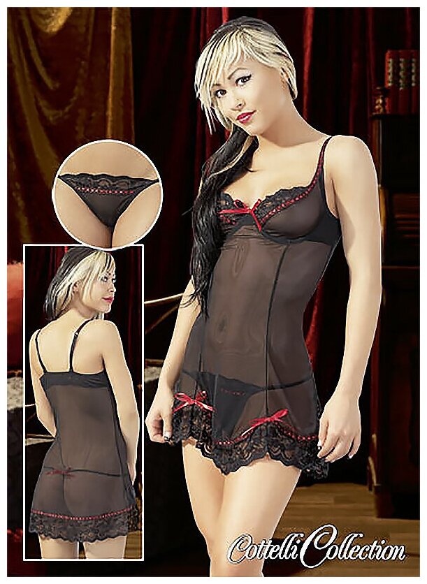 Пеньюар из эластичной мягкой сетки с красной атласной лентой от Cottelli Collection