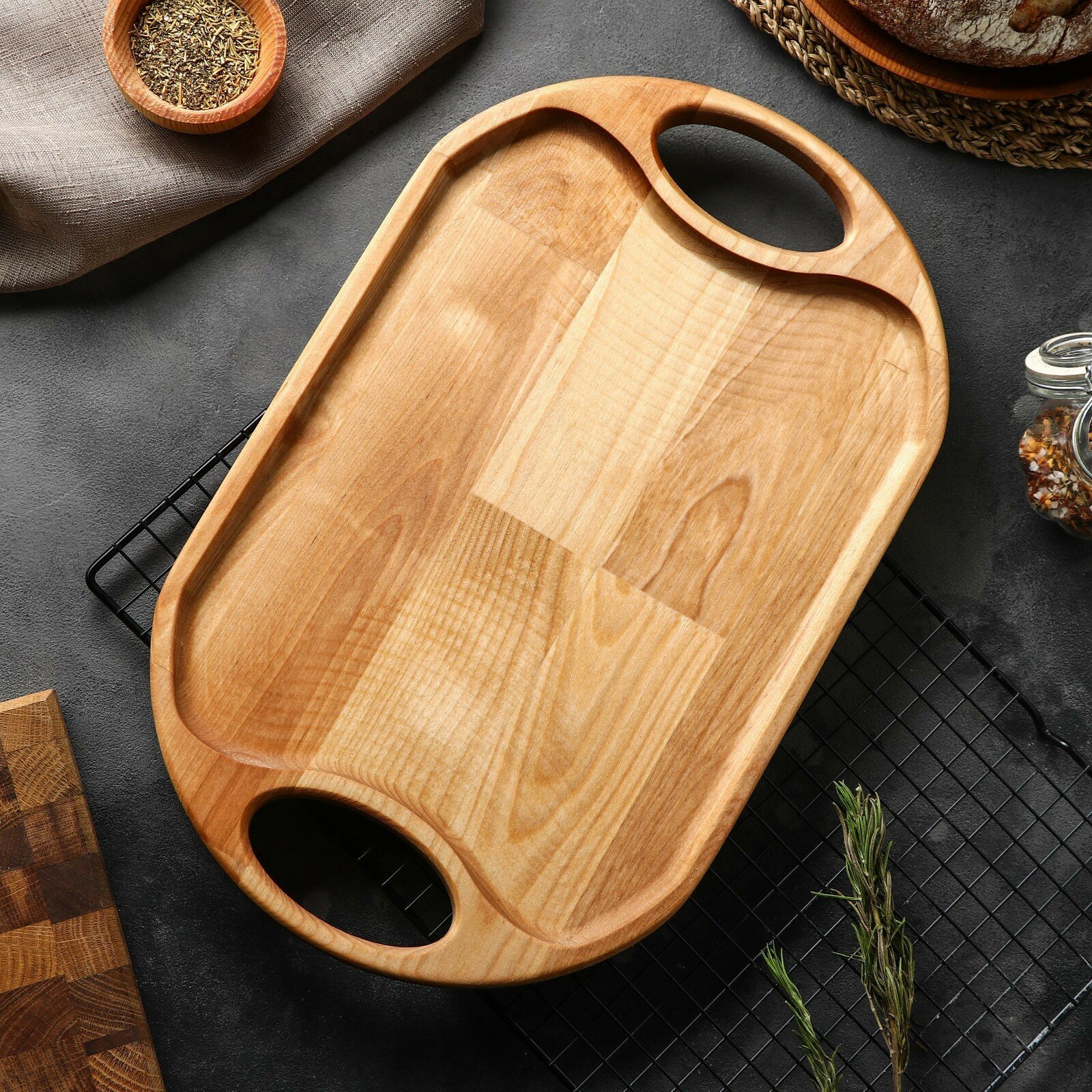 Поднос деревянный для подачи с ручками, 40×25×1,8 см, массив берёзы, пропитано маслом