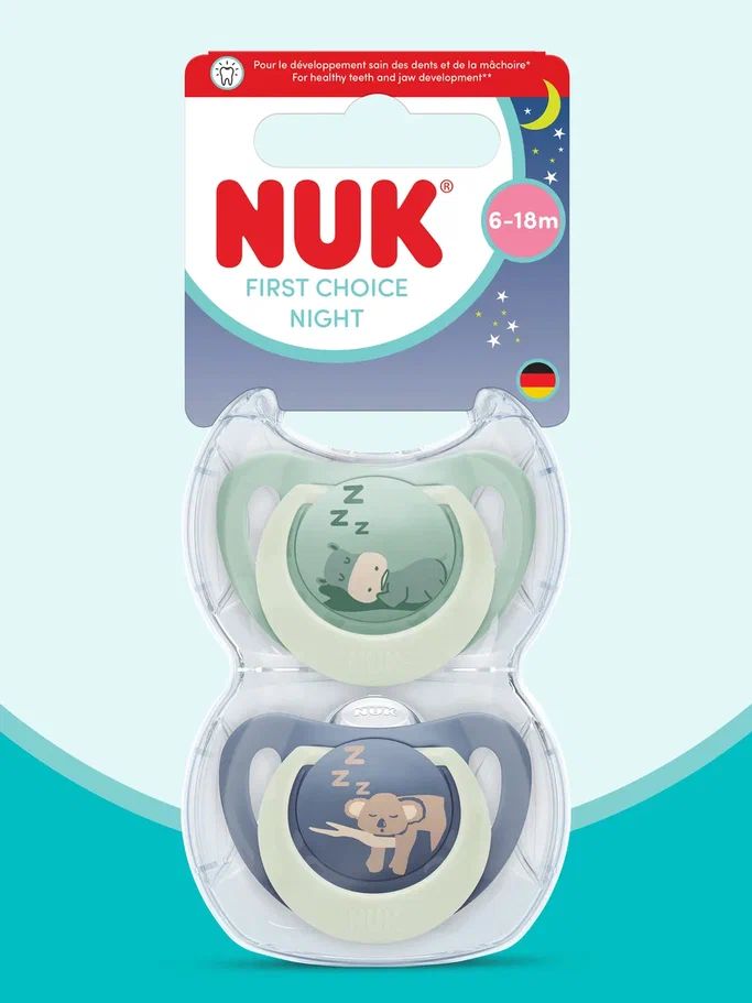 NUK FIRST CHOICE NIGHT Соска-пустышка из силикона, разм. 6-18 мес, 2 шт. в контейнере, гиппо и коала