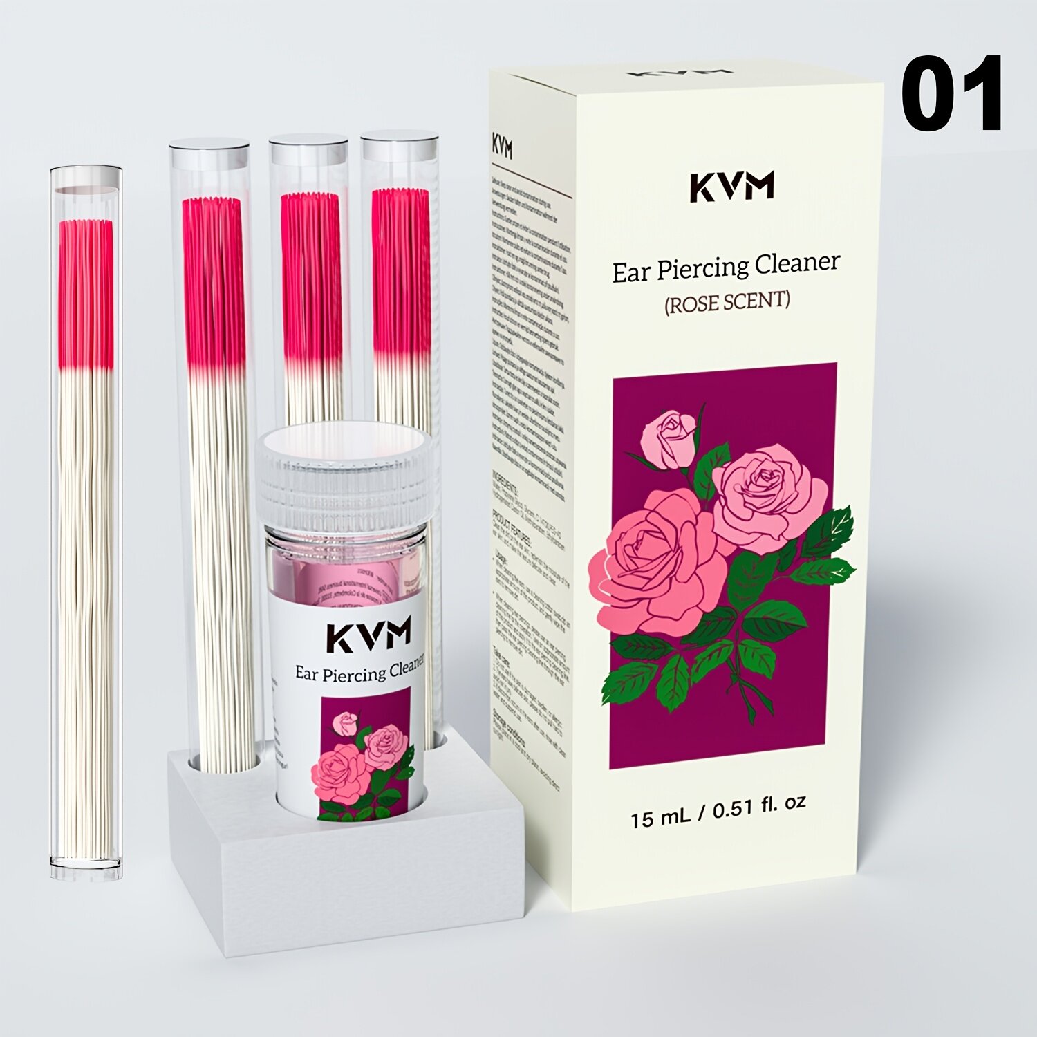 Очиститель для пирсинга ушей, комплект для ухода после пирсинга: 180 одноразовых очищающих нитей и 15 мл очищающего раствора розового цвета + 4 тубы ватных палочек для удаления серы