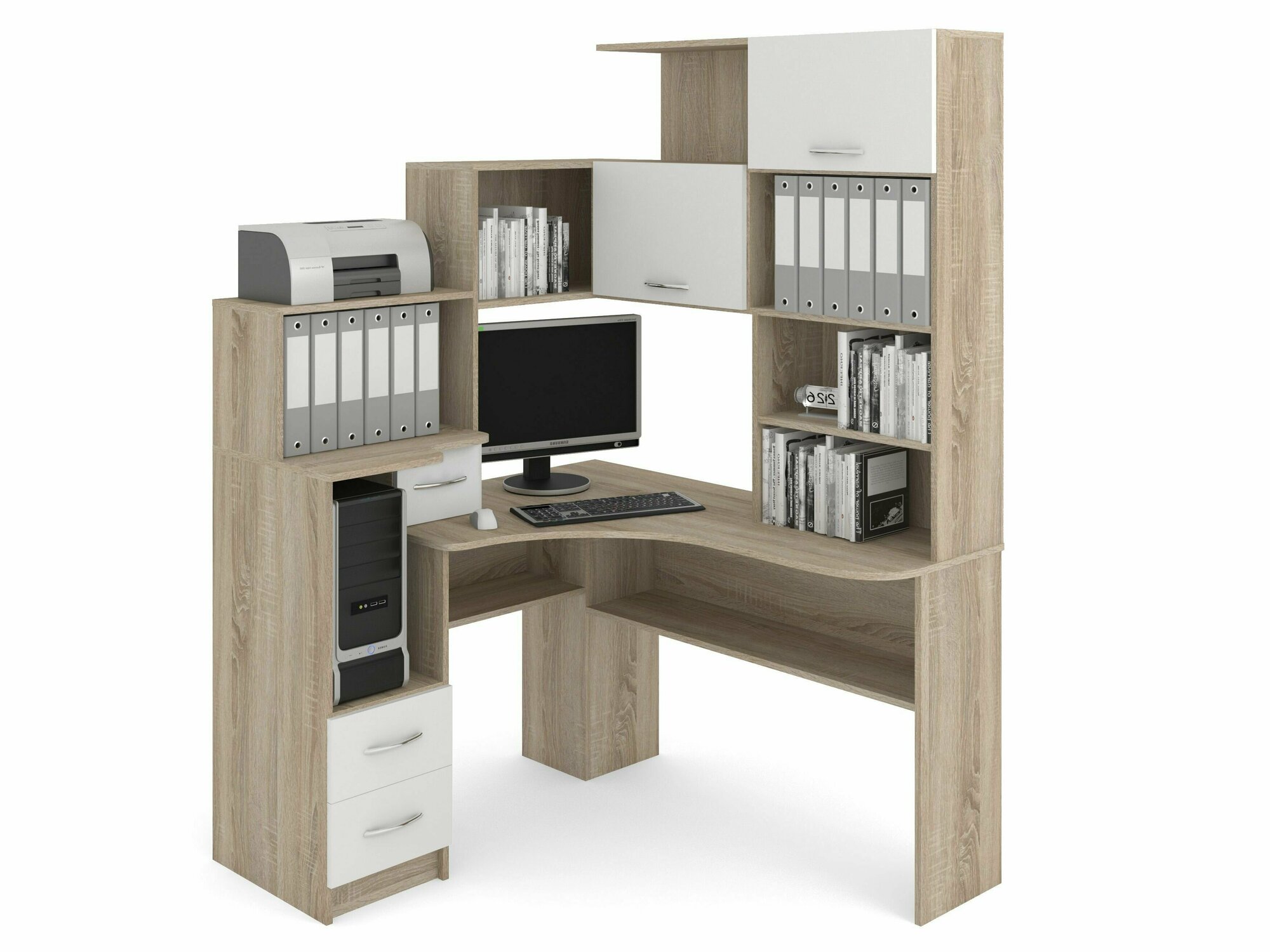 Стол компьютерный СКУ-4 ЛДСП корпус дуб сонома, фасад белый, ящики слева