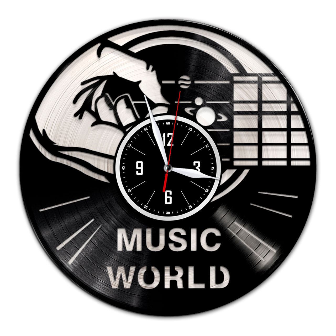 Music World - настенные часы из виниловой пластинки (с серебряной подложкой)