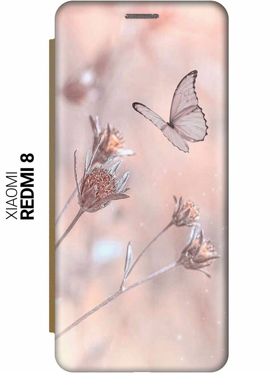 Чехол-книжка на Xiaomi Redmi 8, Сяоми Редми 8 c принтом "Бабочка" золотистый