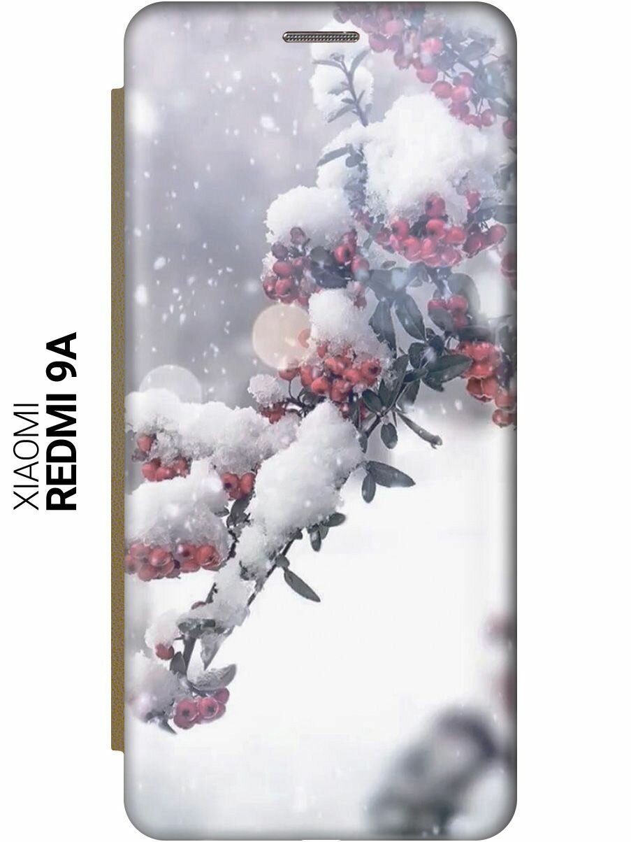 Чехол-книжка на Xiaomi Redmi 9A, Сяоми Редми 9А c принтом "Заснеженная рябина" золотистый