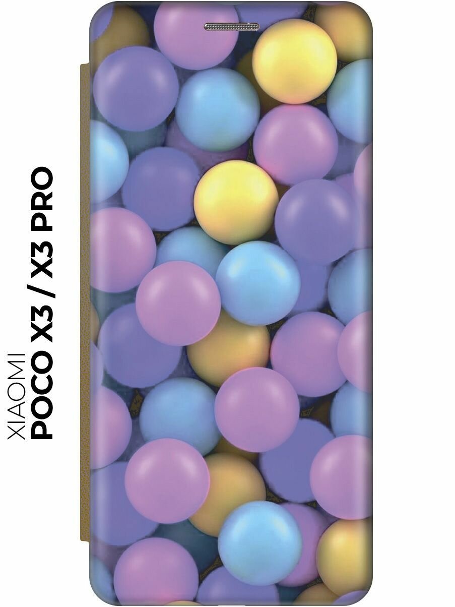 Чехол-книжка Сиреневые шары на Xiaomi Poco X3 / X3 Pro / Сяоми Поко Х3 / Х3 Про золотой
