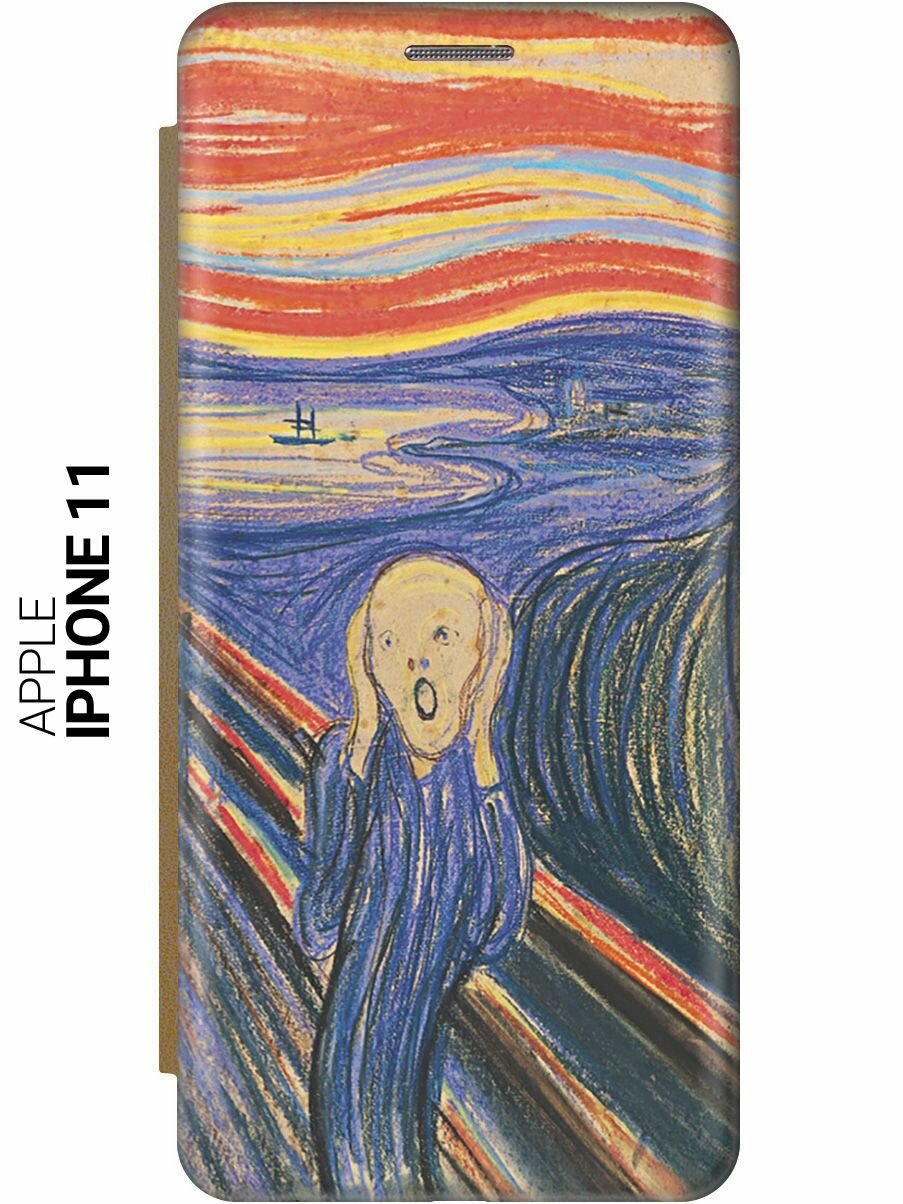 Чехол-книжка на Apple iPhone 11 / Эпл Айфон 11 с рисунком "Крик" золотистый