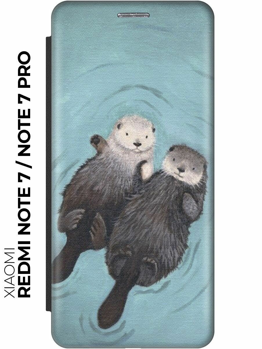 Чехол-книжка Выдры на голубом на Xiaomi Redmi Note 7 / Note 7 Pro / Сяоми Редми Ноут 7 / Ноут 7 Про черный