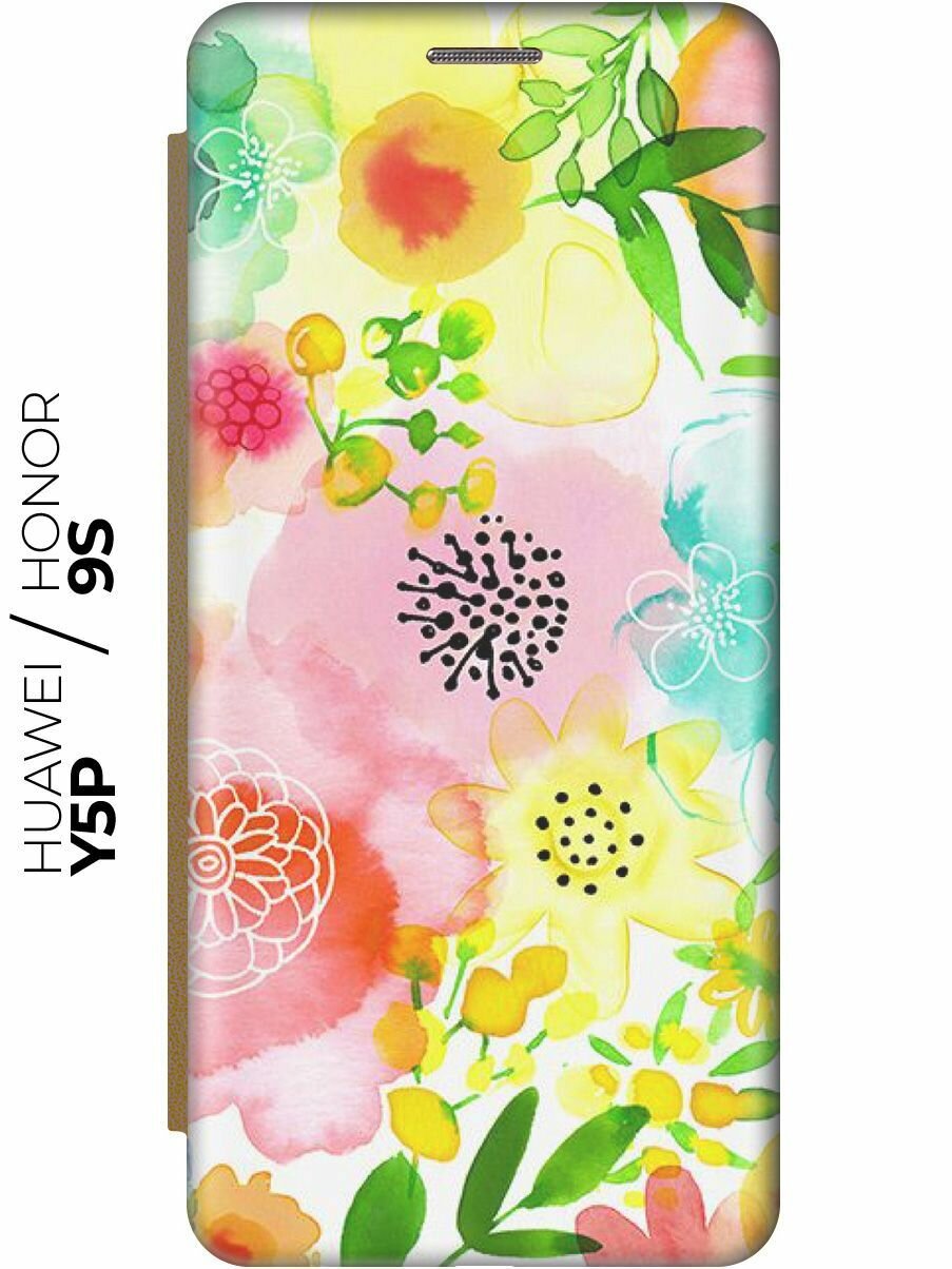 Чехол-книжка Разноцветные цветочки на Honor 9S / Huawei Y5P / Хуавей У5Р / Хонор 9с золотой
