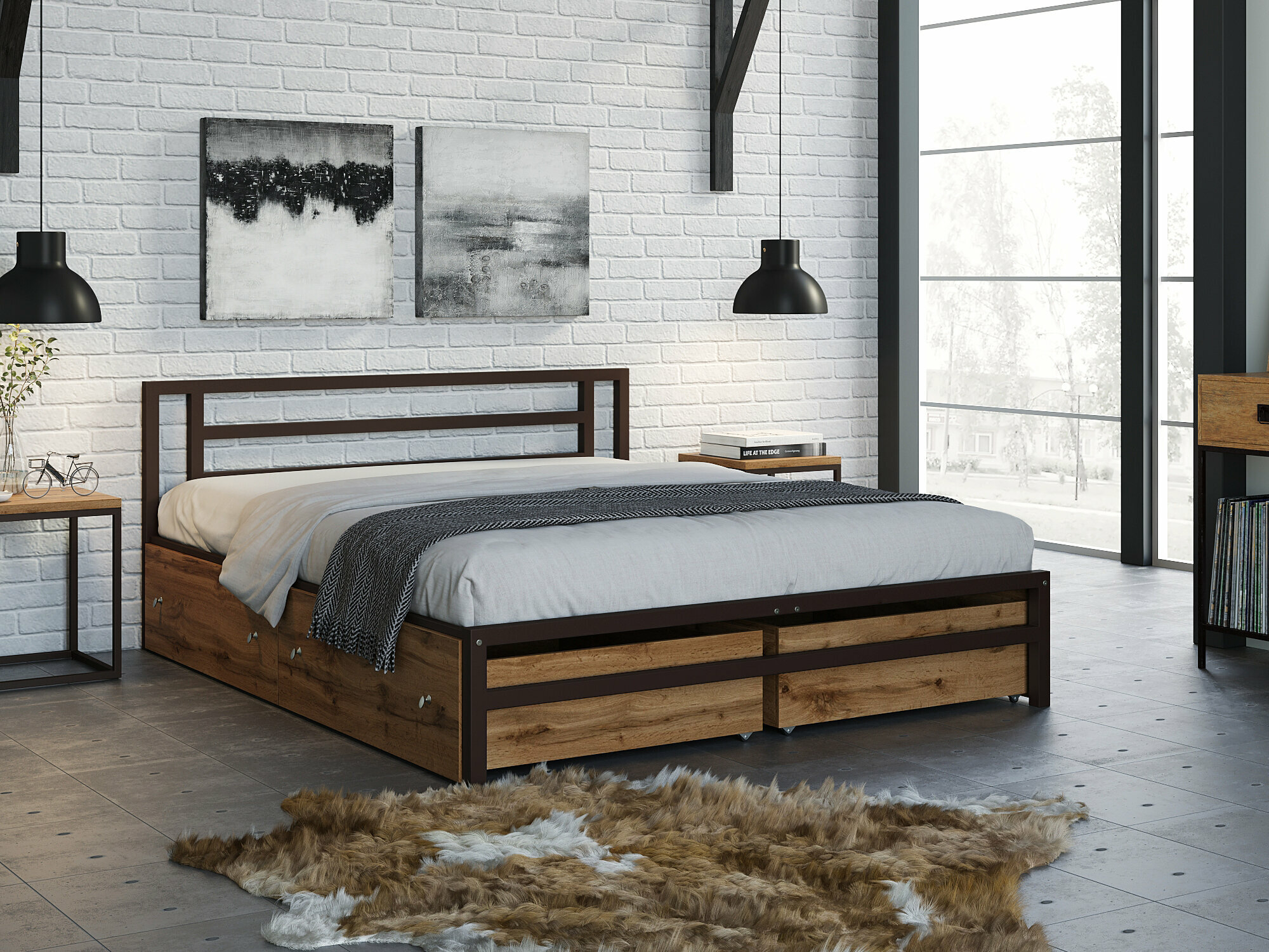 Двуспальная кровать Титан 160 Коричневый с ящиками Дуб крафт табак