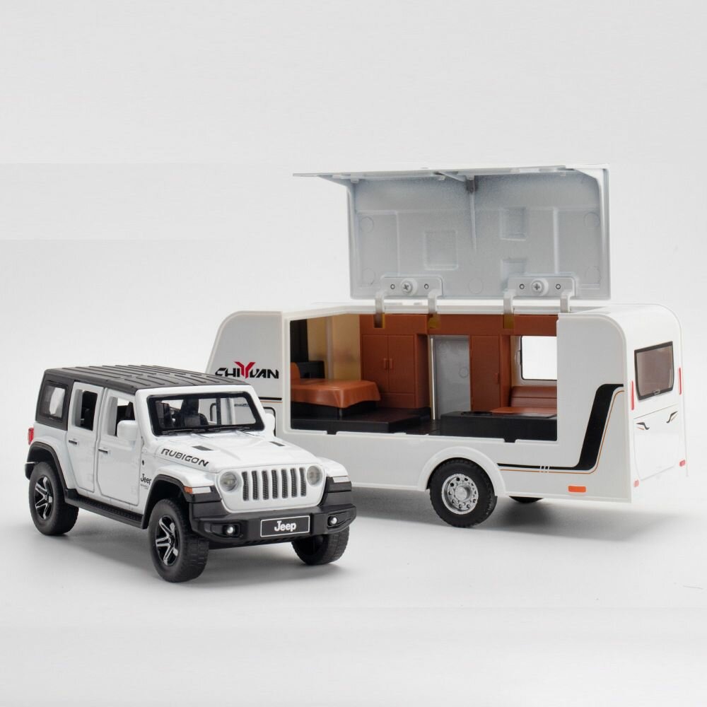 Машинка металлическая Jeep Rubicon 1:32 с прицепом, Коллекционная модель машины для взрослых, Игрушечный автомобиль с звуковыми и световыми эффектами для детей