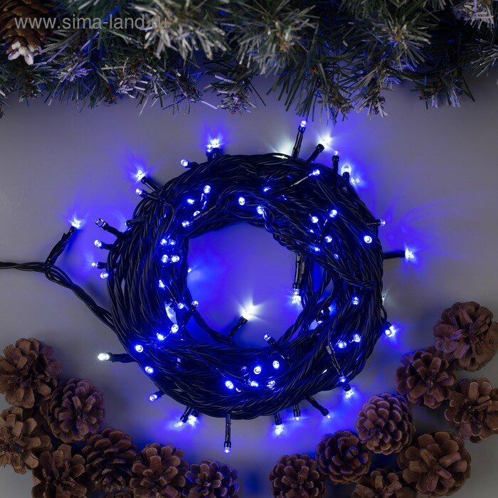 Гирлянда Нить 10 м, IP44, УМС, тёмная нить, 100 LED, свечение синее, мерцание белым, 220 В