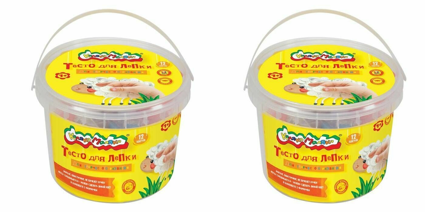 Каляка-Маляка Тесто для лепки в банке, 12 цветов, 360 г, 2 формочки, 2уп.