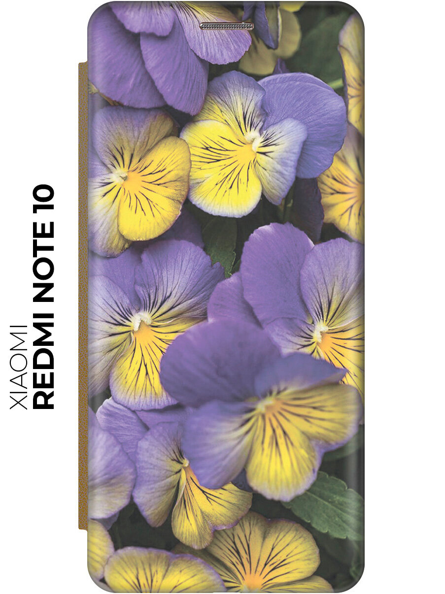 Чехол-книжка Фиолетовые и желтые фиалки на Xiaomi Redmi Note 10 / Note 10S / Poco M5s / Сяоми Редми Ноут 10 / Ноут 10С / Поко М5с золотой