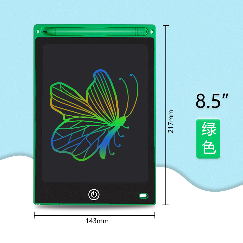 8,5-дюймовая LCD-доска для рисования, стираемая, цветной экран, зеленая, с ручкой для детей