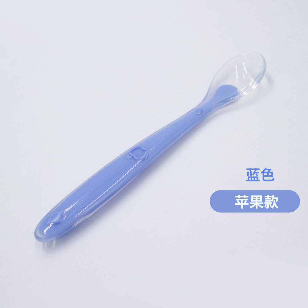 Синяя ложка для кормления с маленьким яблочным дизайном из силикона, безопасная, без БПА, мягкая ручка, 1 шт