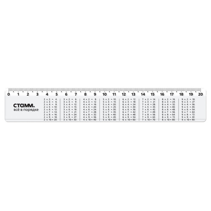 Линейка 20 см Стамм «Таблица умножения», со справочным материалом, пластиковая, прозрачная, бесцветная