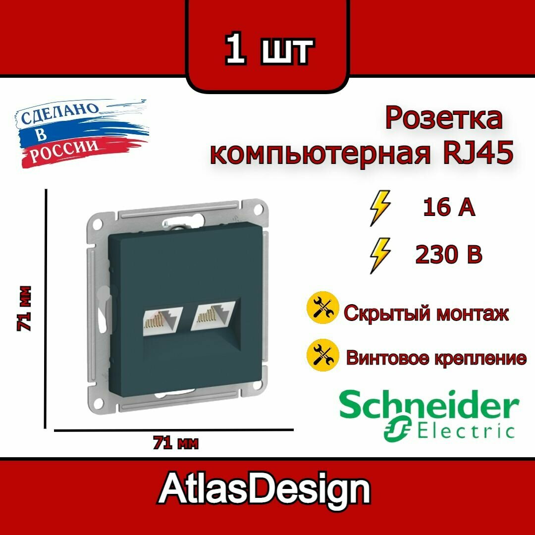 Розетка двойная компьютерная RJ45, изумруд, Schneider Electric AtlasDesign