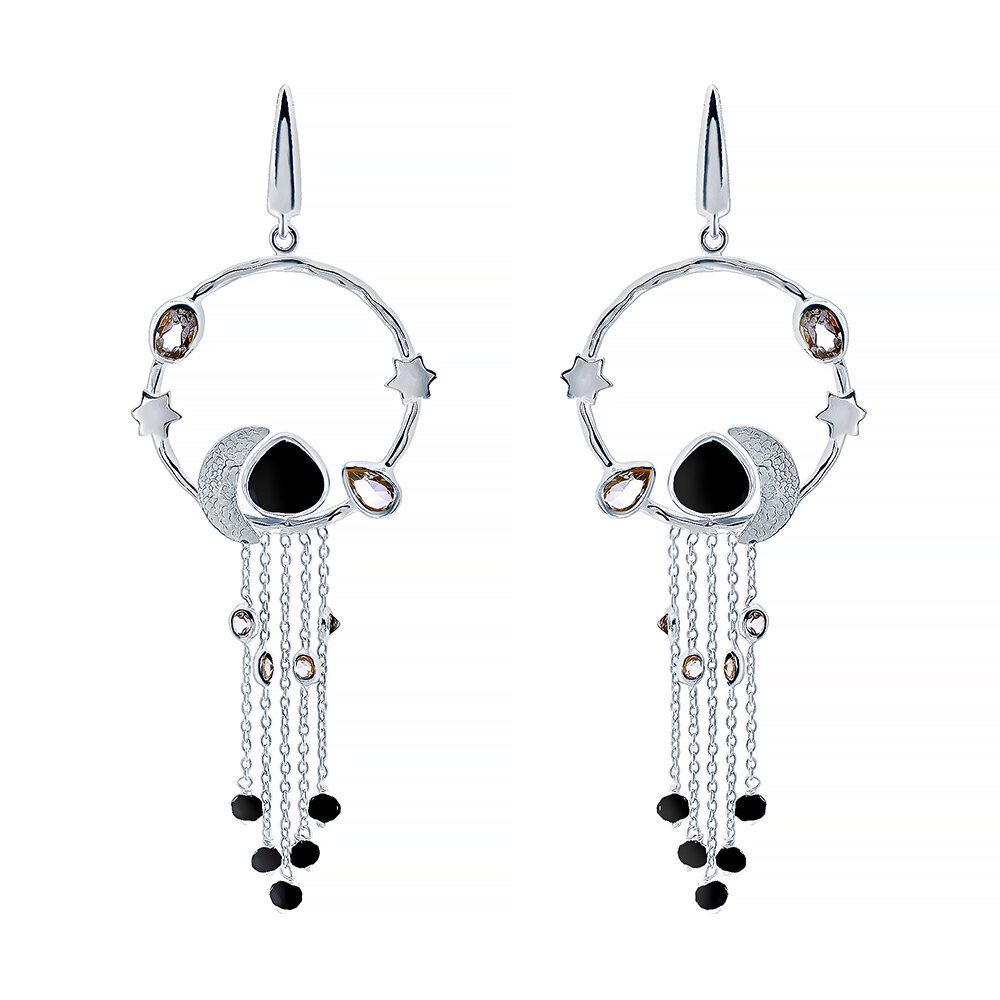 Серьги, серебро, 925 проба, оникс, лунный камень