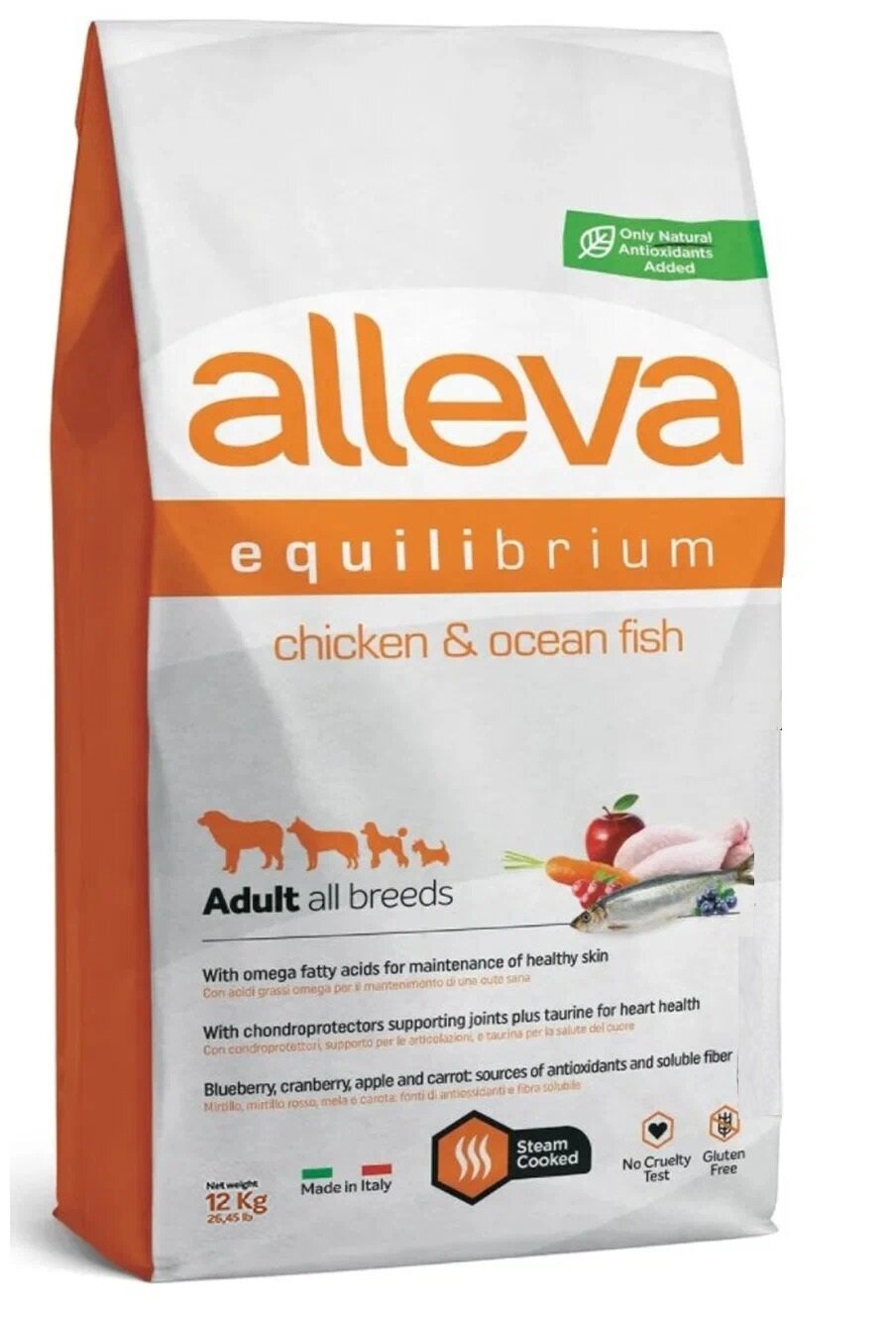 ALLEVA Полнорационный корм для взрослых собак всех пород. Курица с рыбой. 12 кг.