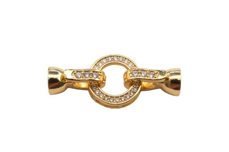 Замок с концевиками, 28х12х7мм, внутренний диаметр 4мм, цвет золото, латунь/цирконий, 18k позолота, 08-078, 1шт