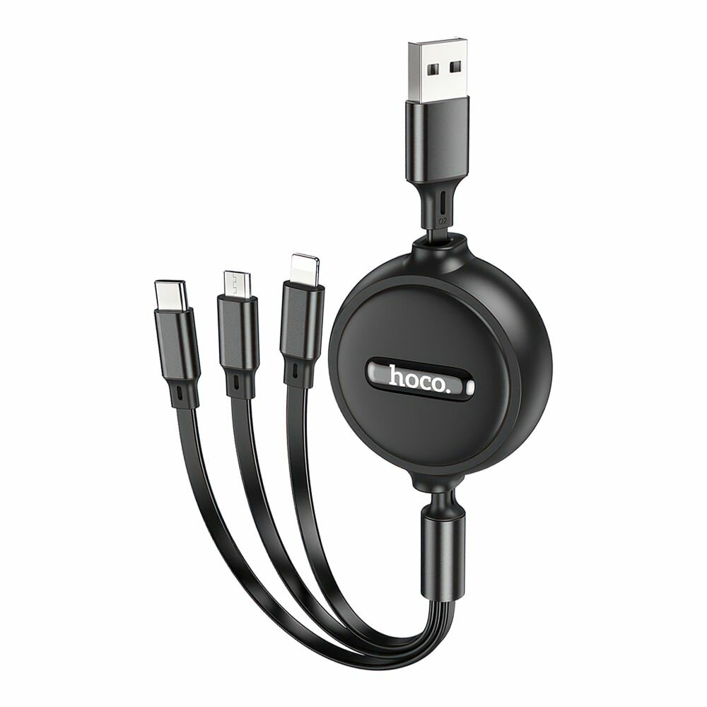 USB кабель HOCO X75 Lightning 8-pin/MicroUSB/Type-C, 3в1, 1м, рулетка, TPE (черный)