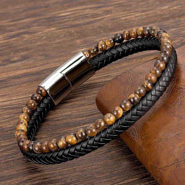 Плетеный браслет, тигровый глаз, металл, кожа