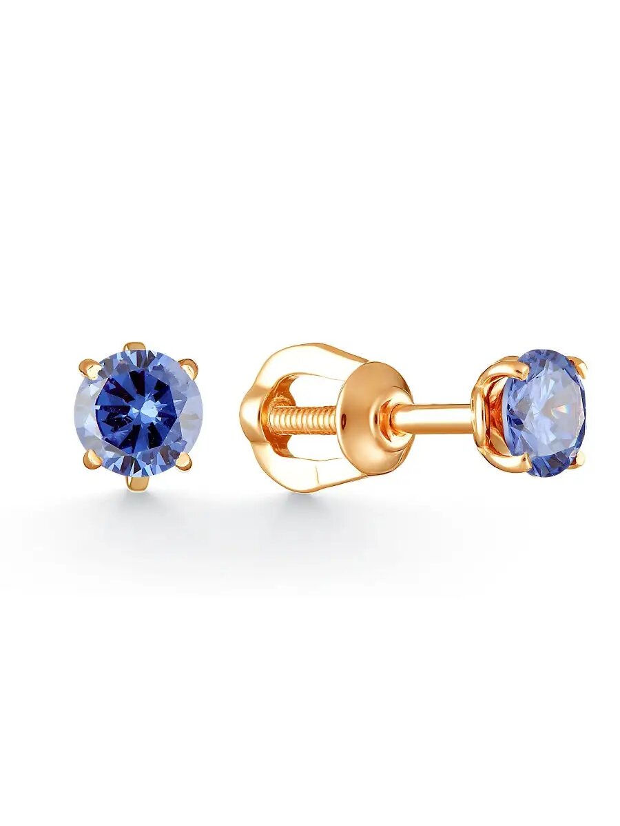Серьги пусеты, красное золото, 585 проба, танзанит синтетический, танзанит, бриллиант