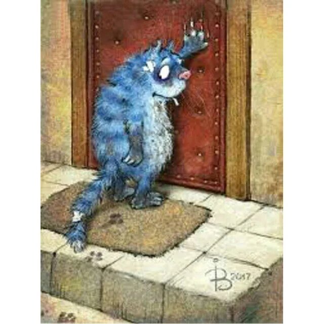 Алмазная картина "Кот у двери", синий, 15x20 см, dp-107