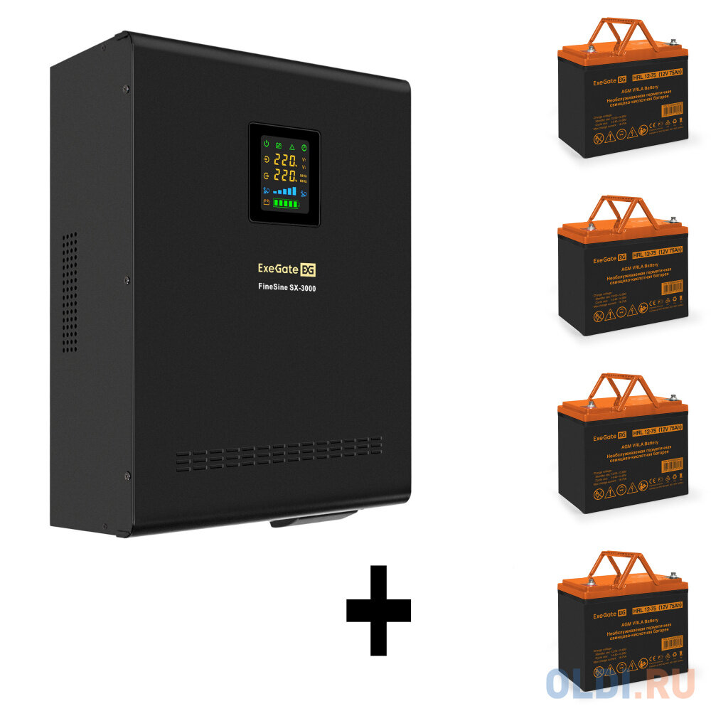 Комплект ИБП EX296003RUS + батарея 75Aч EX285653RUS 4шт (инвертор, синус, для котла, настенный) ExeGate FineSine SX-3000. LCD. AVR.2SH. T