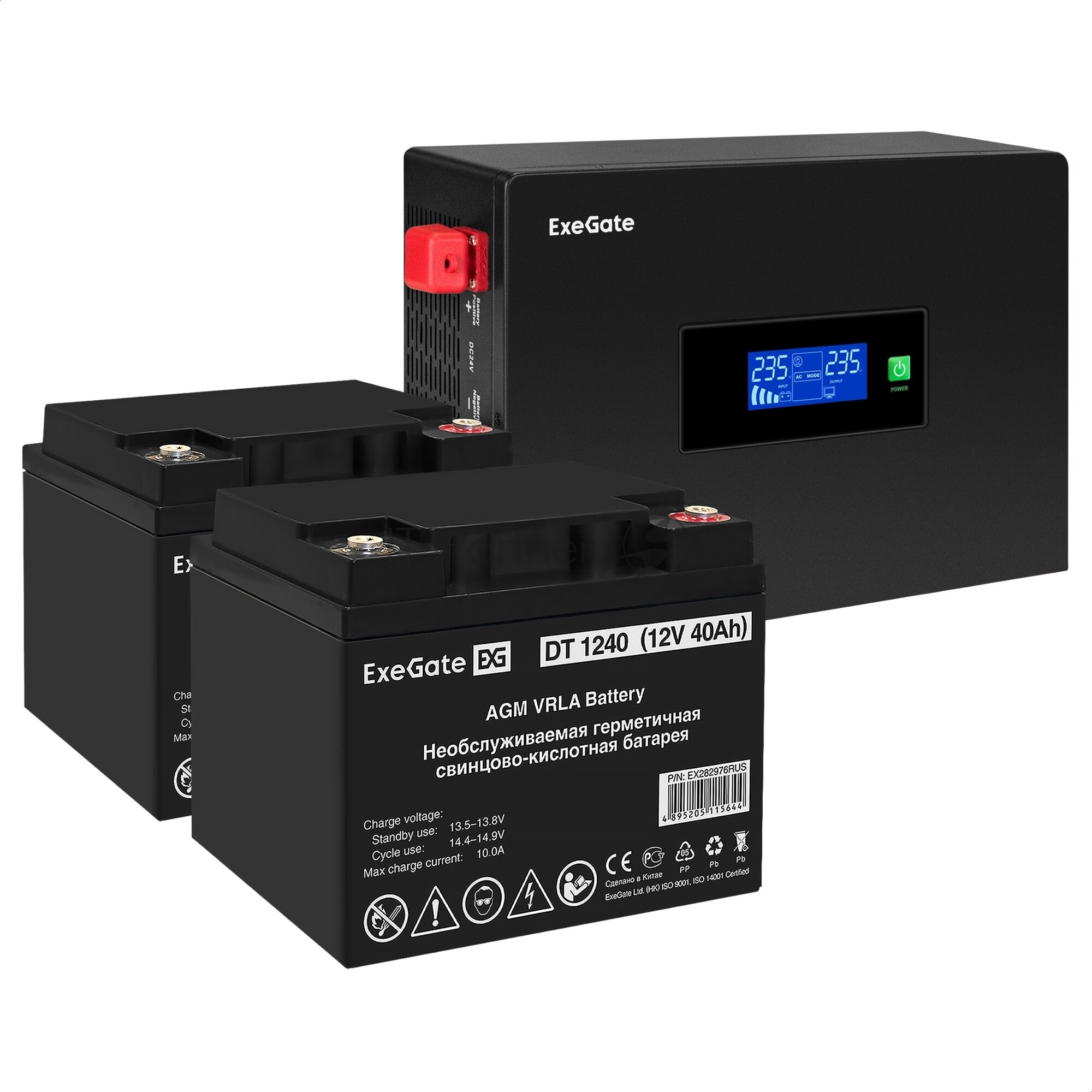 Комплект ИБП EX295994RUS + батарея 40Aч EX282976RUS 2шт (инвертор, синус, для котла, PF=1, настенный) ExeGate IdealSine SR-1500. LCD.2SH + батарея ExeGate DT 1240