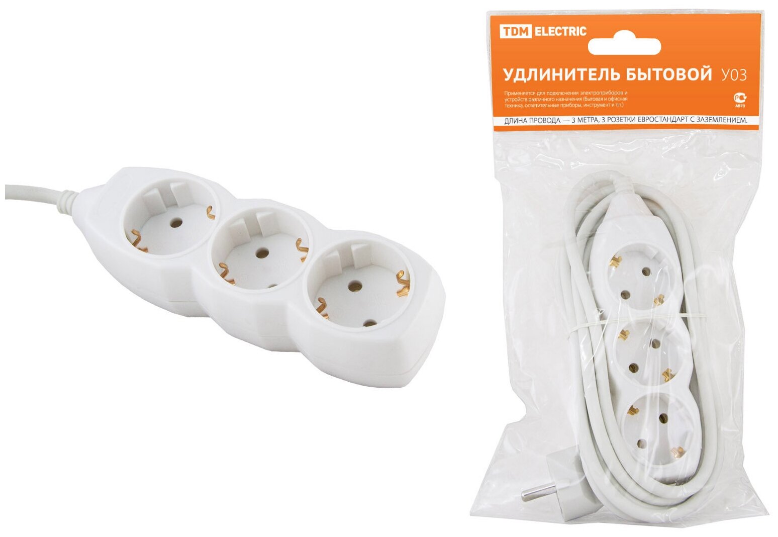 Удлинитель TDM ELECTRIC SQ1303-0001, 3 розетки, заземление, 3м, белый