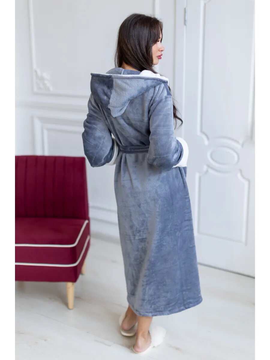 Халат Comfort FASHION домашний теплый женский с капюшоном на запах, размер M, Серый, Темно-серый — фото 1