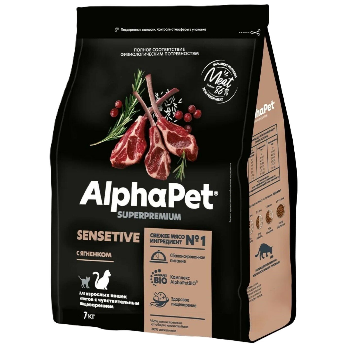 AlphaPet Superpremium сухой корм для кошек с чувствительным пищеварением Ягненок 7кг