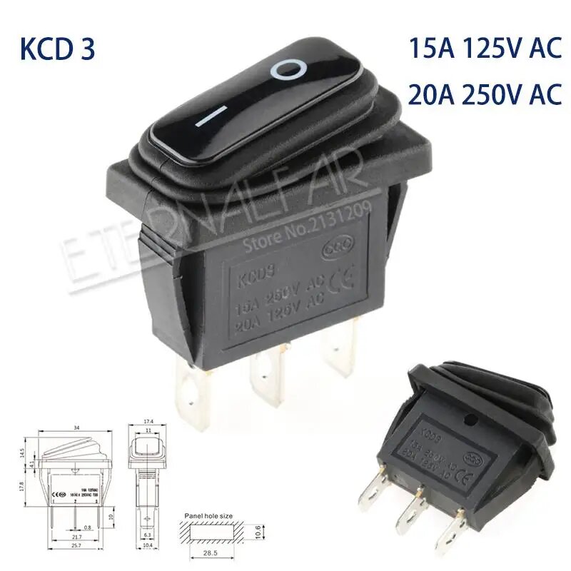Тумблер KCD3, 15A/125V, 20A/250V, черный