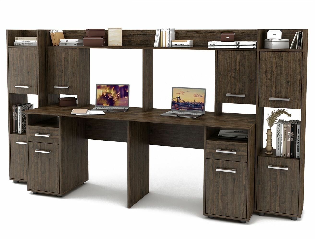 Стол письменный для двоих со стеллажами "Остин (Ливерпуль)-19", с полками и ящиками, ЛДСП, 267х145х60 см