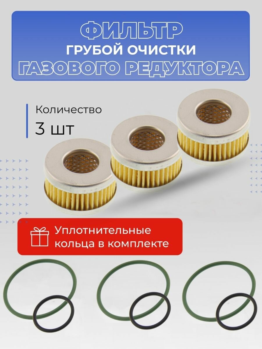 Фильтр грубой очистки для газового редуктора ГБО Tomasetto Alaska, AT-09, Nordic, AT-13, Antartic, AT-13 XP, Alaska Super, AT-07 в комплекте 3шт с уплотнительными кольцами
