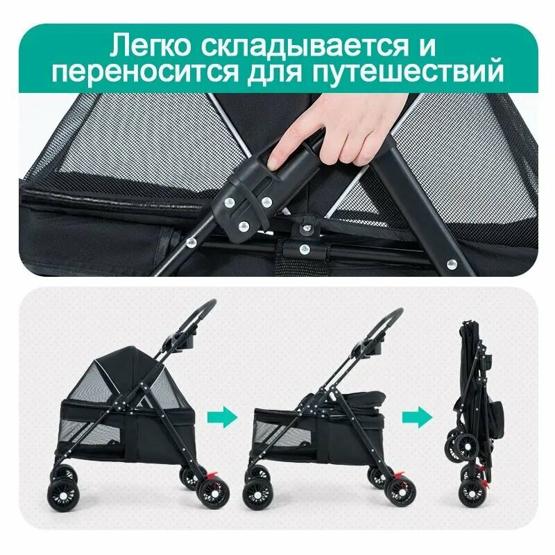 Коляска для домашних животных, легкая и складная прогулочная коляска для прогулок, серый — фото 1