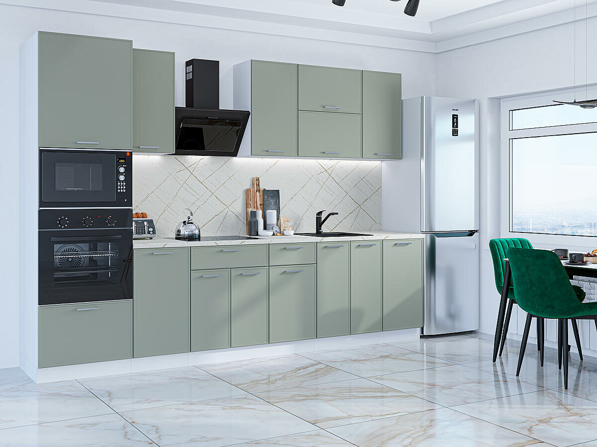 Кухня Квадро-01, цвет фасада Аквамарин, цвет каркаса Белый, 2140*3000*600 мм