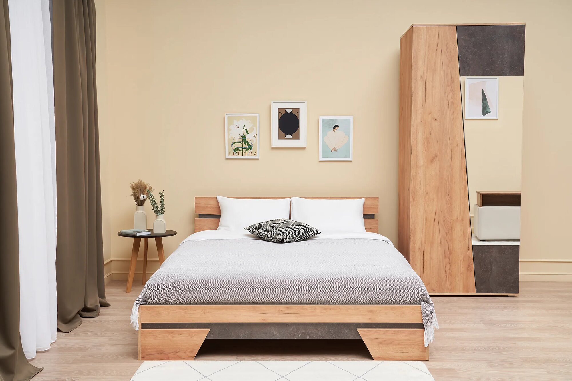 Двуспальная кровать Соренто 1,6м с ортопедическим основанием (Дуб крафт/Бетон темный)