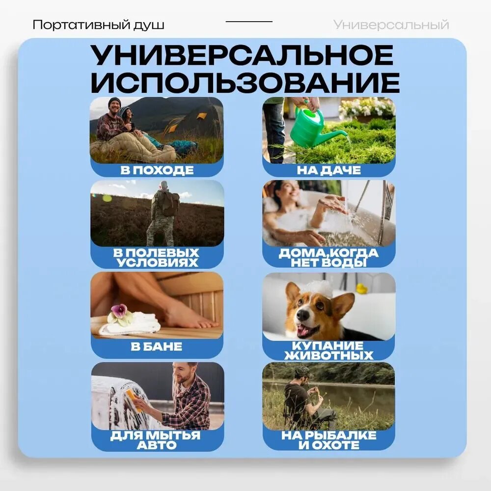 Переносной аккумуляторный душ для дачи, сада, кемпинга, 2м шланг, регулировка напора, 90 мин работы — фото 1