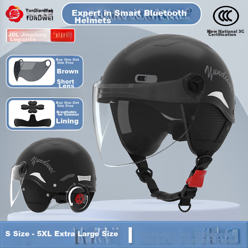 Yundianwei Large Extra-Large Helmet for Men And Women, Electric Scooter Motorcycle Half Helmet, Special Size for Large Head Circumference, Battery-Powered, New National Standard 3C Certified Safety Helmet, Black, XXXXL Extra-Large Size