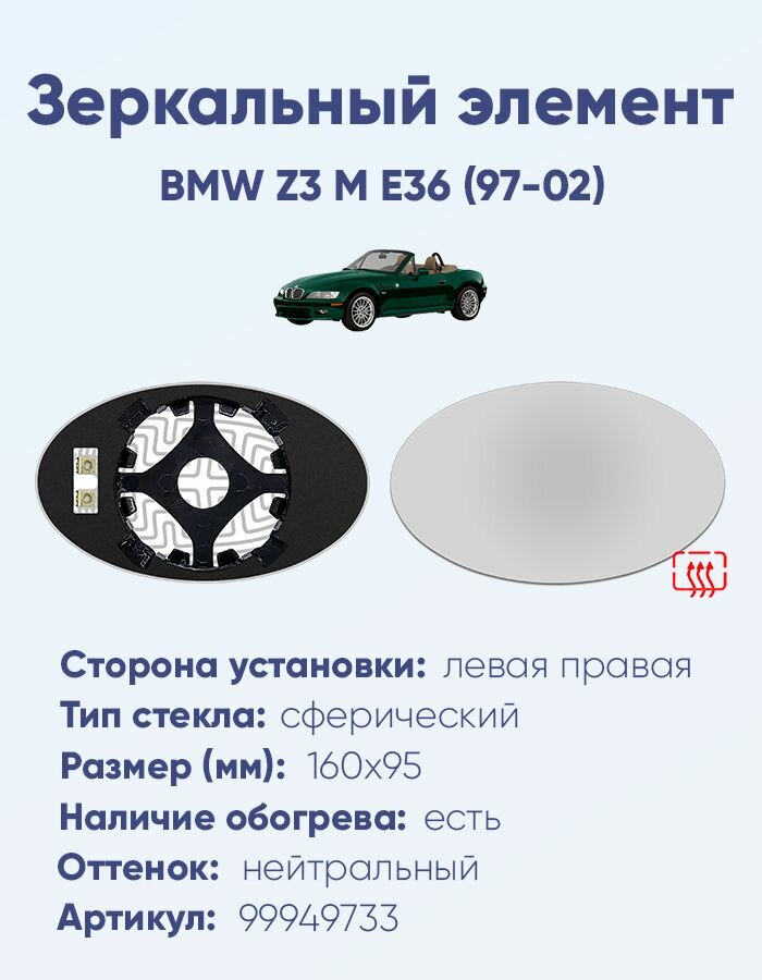 Зеркальный элемент универсальный (лево-правый) BMW Z3 M E36 (97-02) сфера нейтральный с обогревом