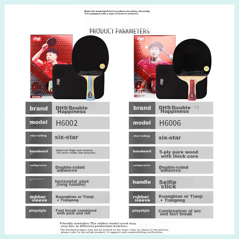 DHS (Double Happiness) Six-Star Straight Handle (Fast Delivery from Beijing Warehouse + 6 Balls + Racket Cover) Table Tennis Paddle H6006 Straight Handle Single Paddle